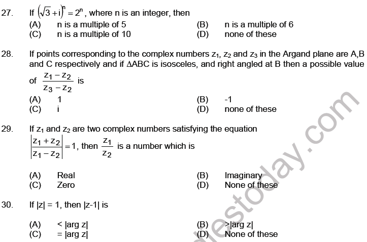 JEE Mathematics Complex Numbers MCQs Set C with Answers